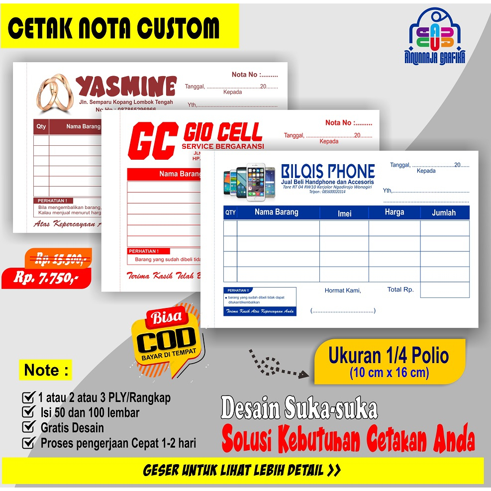 Jual Cetak nota custom landscape pake nama toko sendiri ukuran 1/4 ...