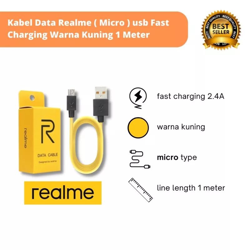 Jual Kabel data REALME MICRO/TYPE C Cable USB Android V8 Warna Kuning ...