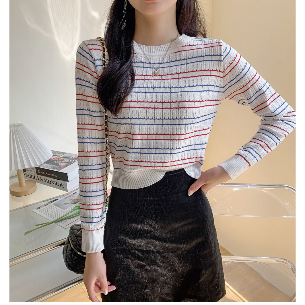 Jual Kaos Lengan panjang Wanita Import Atasan Rajut Korean Style Knit Crop Top Striped T-shirt ...