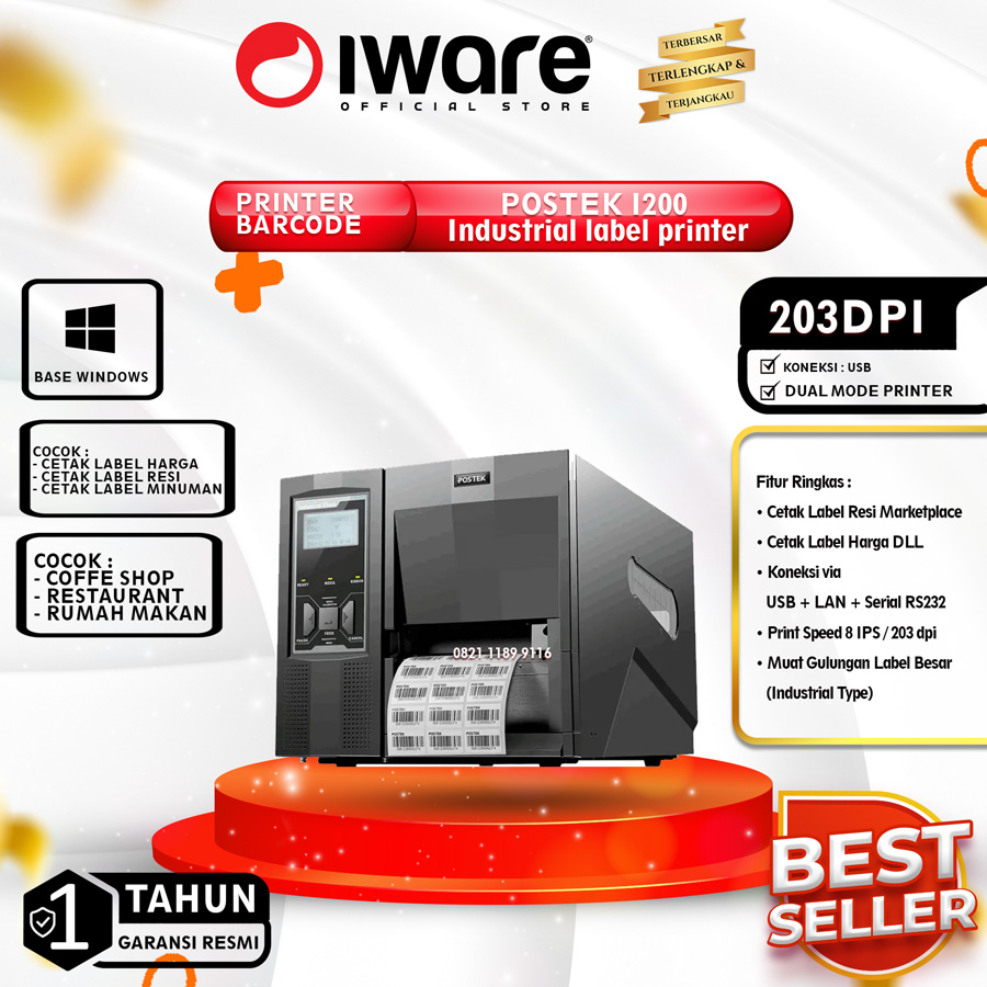 Jual Postek I200 Printer Barcode Label Industrial Dual Mode 203dpi ...