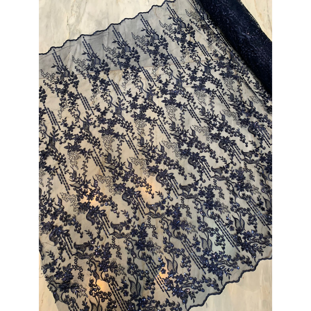 Jual Bahan Kain Brokat Tile Bordir Payet Gracia Warna Biru Navy Dongker ...