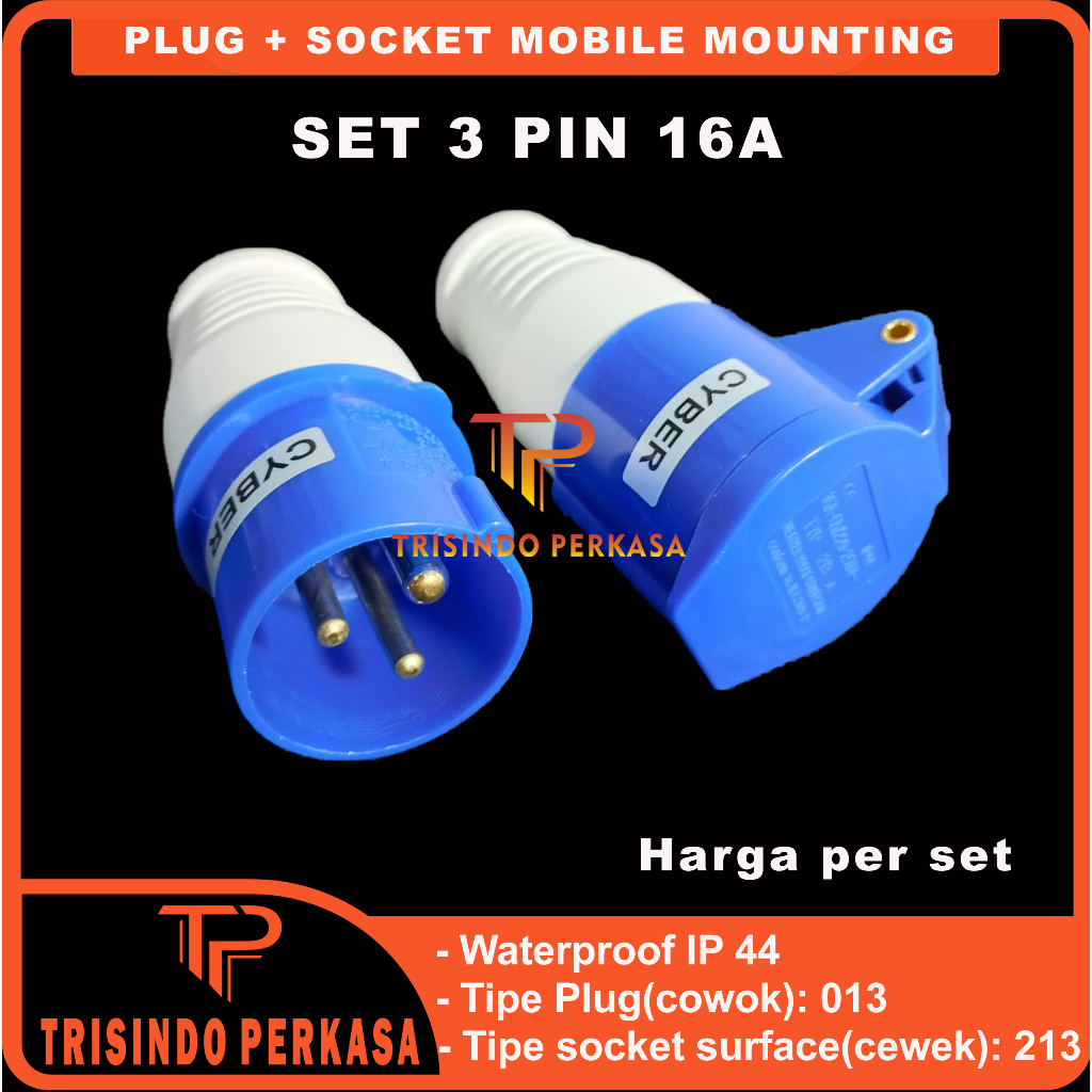 Jual Plug Steker Socket industri/Industry Mobile Mounting 3 Pin 3P 16A (013+213) IP44 3 Kaki ...