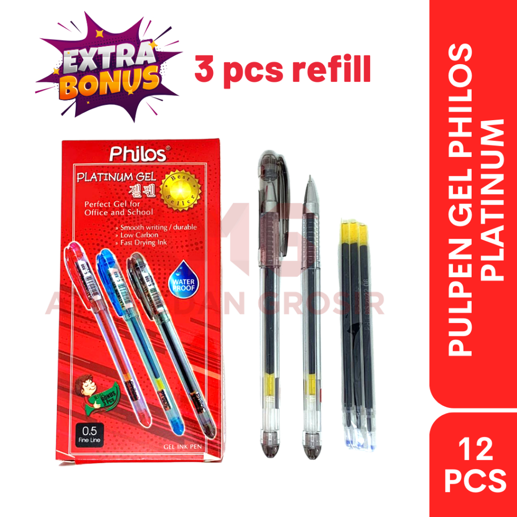 Jual PULPEN GEL PHILOS PLATINUM PER BOX ISI 12PCS (FREE 3 REFILL ...