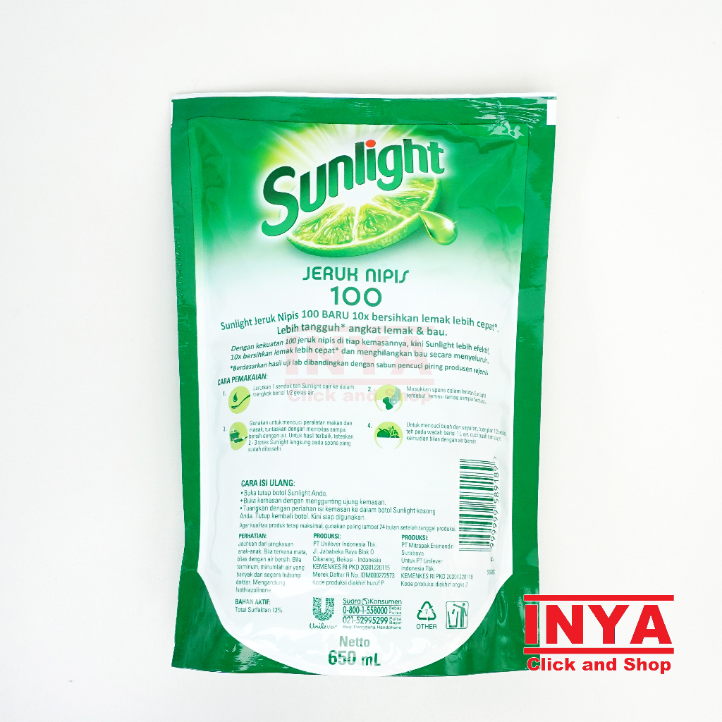 Jual Sunlight Jeruk Nipis 100 650ml Refill - Cairan Cuci Piring | Shopee Indonesia