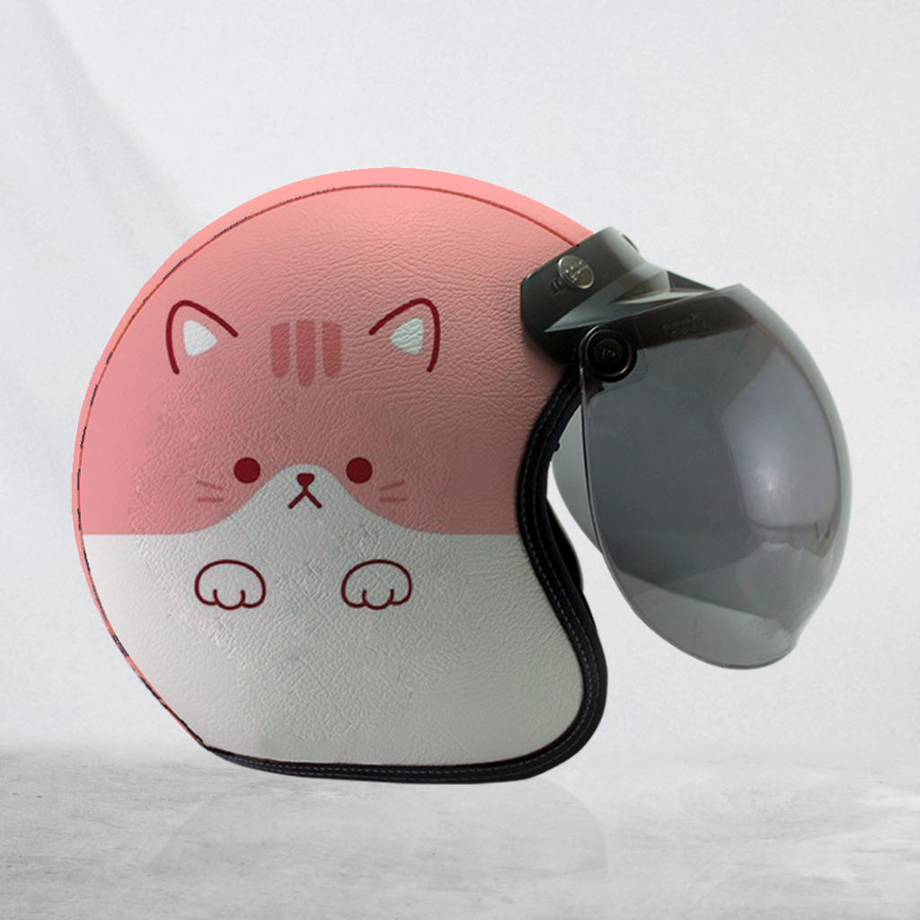 Jual Helm Bogo Retro Dewasa dan Anak Kulit Motif Kucing Lucu Pink Putih Bubble Smoke SNI ...