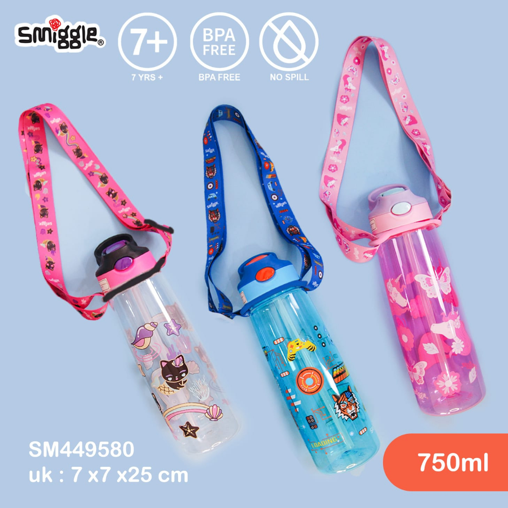 Jual SMIGGLE junior Botol Air Minum Anak Sedotan silicone 430ml dan 750ml dengan tali panjang ...