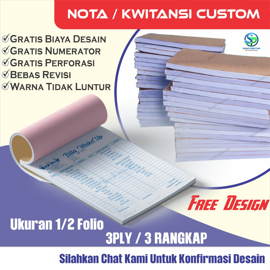 Jual Cetak Kwitansi Custom Nota Custom 3Ply 3 Rangkap Ukuran 1/2 Folio ...