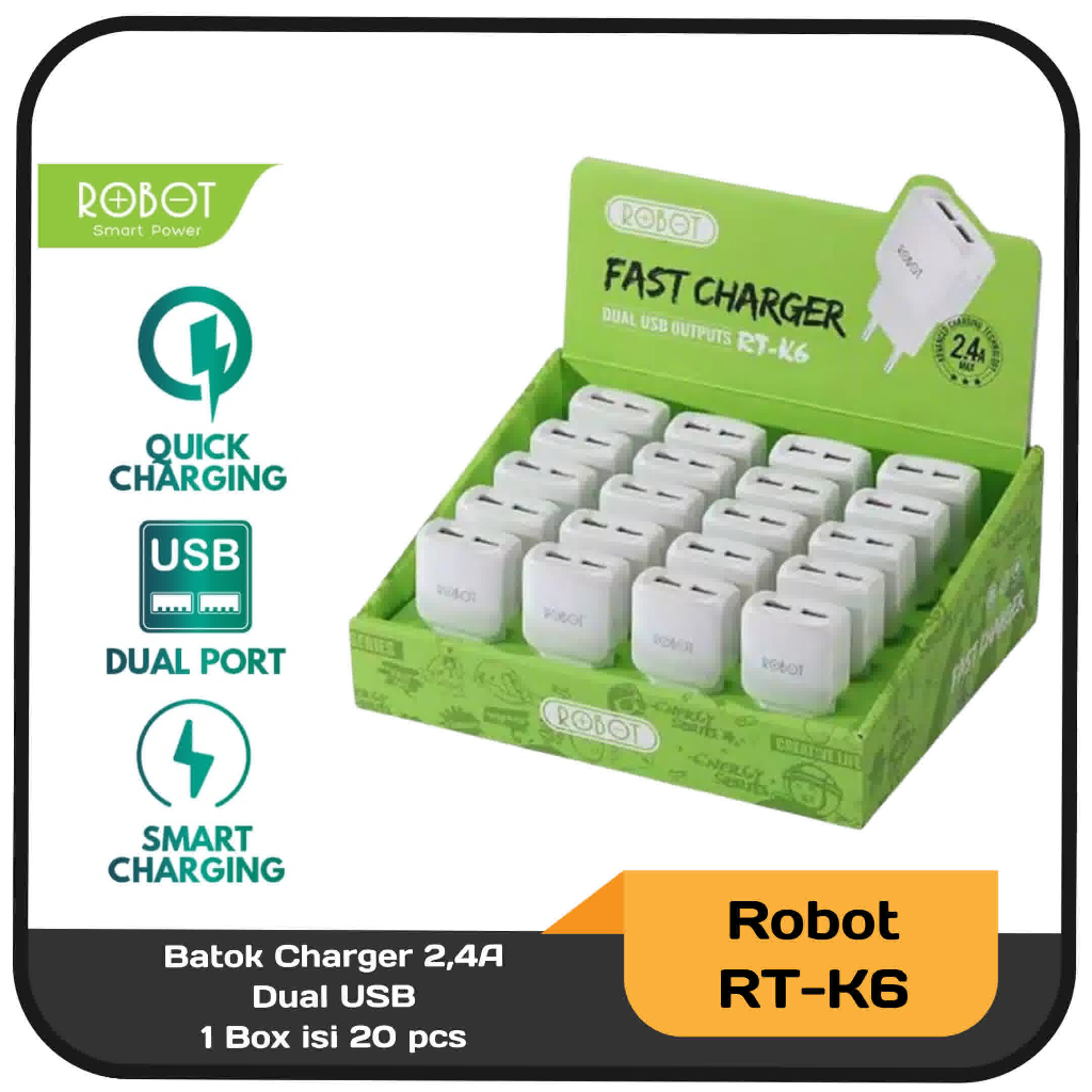 Jual Batok Charger Dual Output 2.4A Robot RT-K6 1 Box isi 20 pcs | Shopee Indonesia