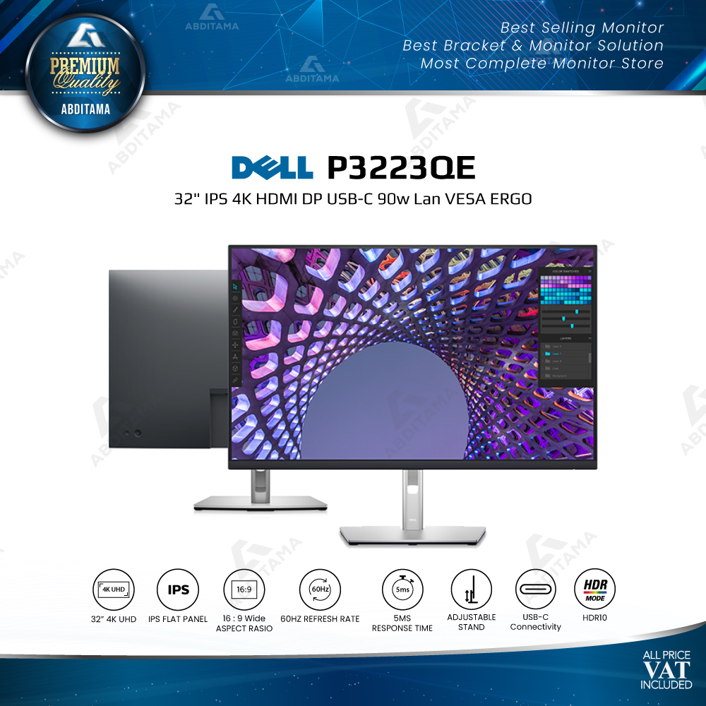 Jual Monitor LED Dell P3223QE 32" IPS 4K HDMI DP USB-C 90w Lan VESA ...