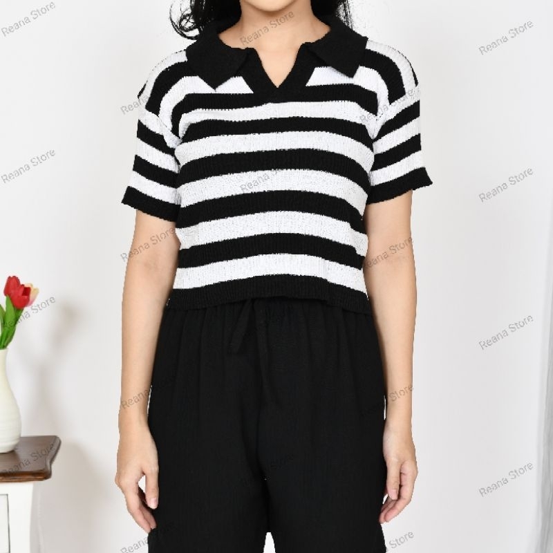 Jual Atasan Rajut Kerah Salur/Baju Crop Rajut Belang/Outfit Rajut | Shopee Indonesia