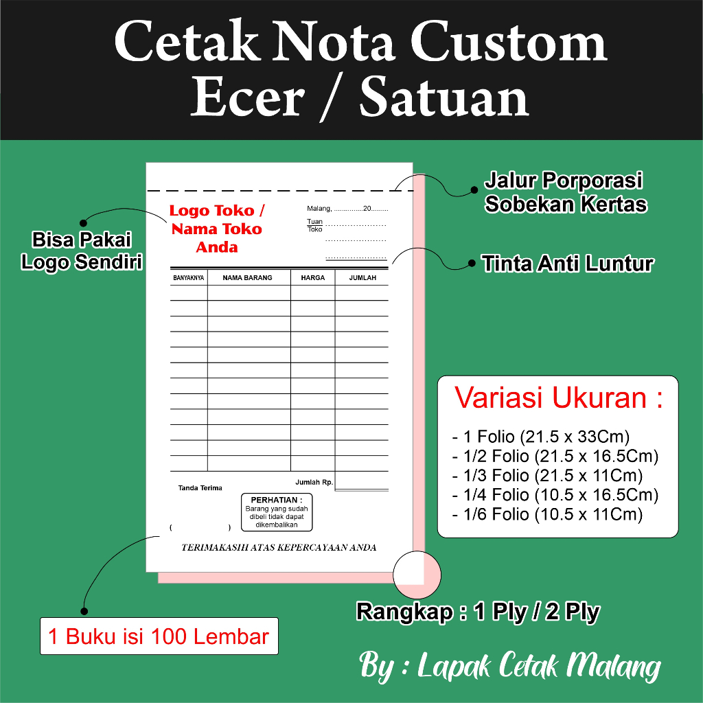 Jual Nota 1ply, 2ply dan 3ply Custom nama toko sendiri Ukuran 1 Folio ...