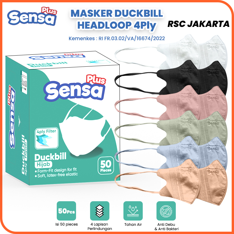 Jual Masker Duckbill 4ply Hijab Headloop Sensa Plus isi 50pcs | Shopee ...