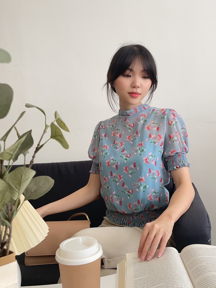 Jual Kadaka T-0442 Top Floral Blouse Atasan Cantik Wanita Bunga Mock Neck | Shopee Indonesia