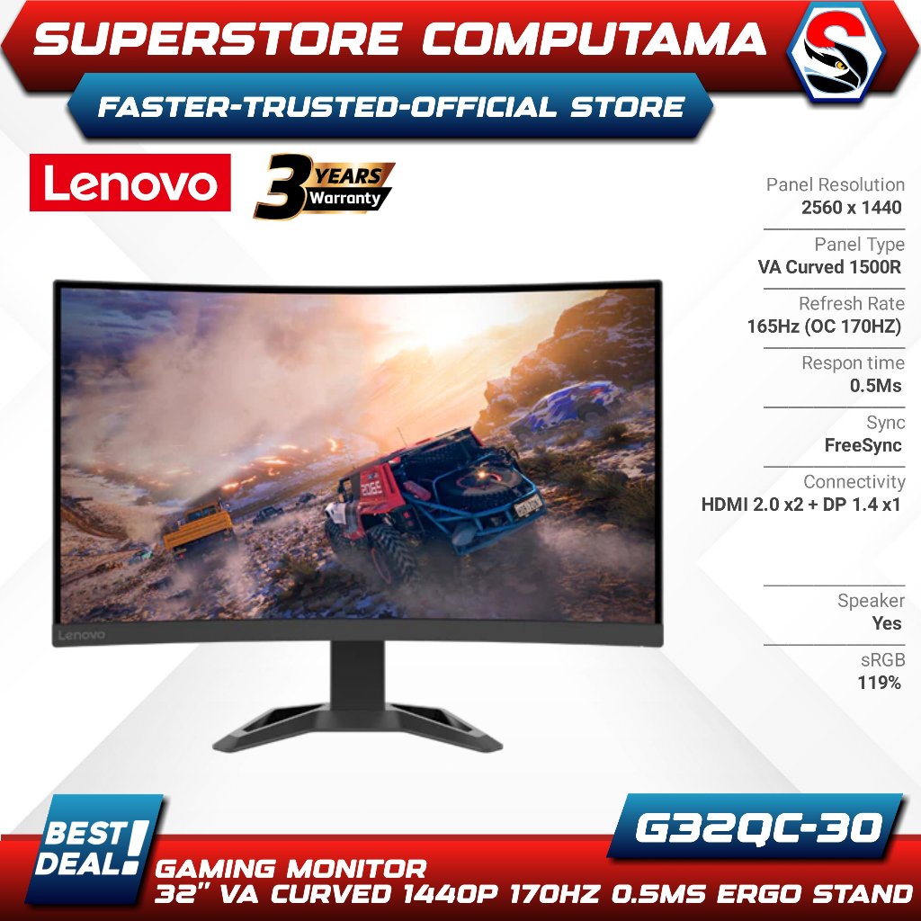 Jual Monitor Lenovo G32qc-30 32" VA QHD 2560 x 1440 165Hz HDMI DP SPEAKER | Shopee Indonesia