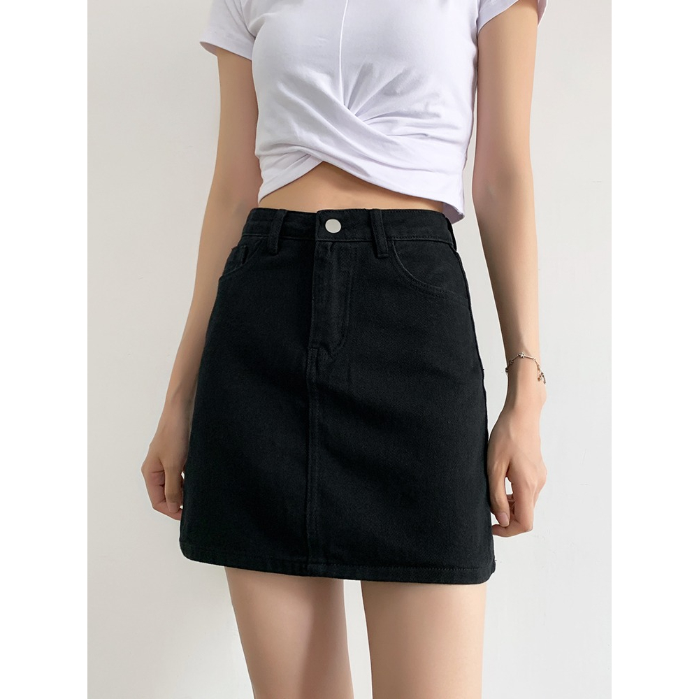 Jual kekinian import cheap hitam/krem new rok jeans wanita highwaist ...