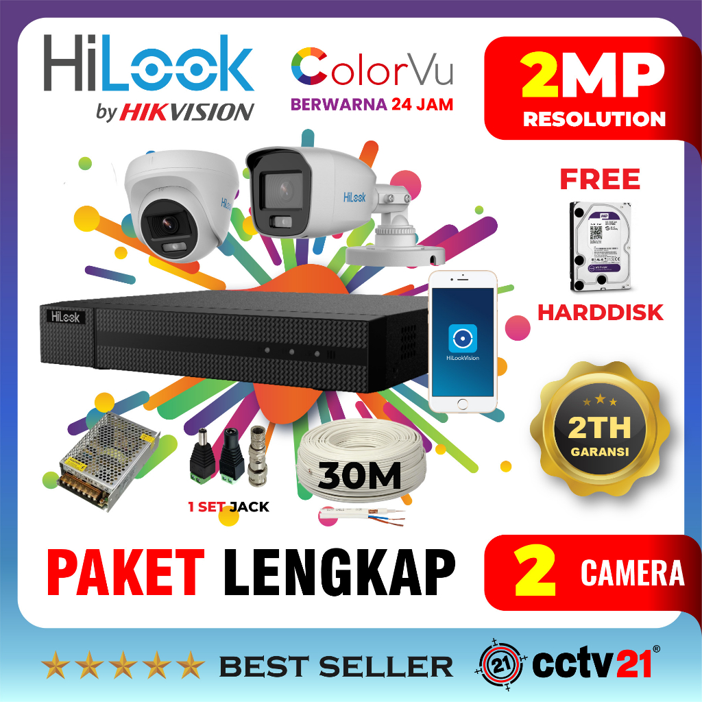 Jual Paket CCTV HILOOK Colorvu 2MP 2 Channel Kamera 2CH Full COLOR ...