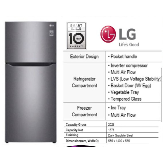 Jual LG Kulkas 2 Pintu Smart Inverter 202 Liter GN-B202SQIB 202SQIB ...
