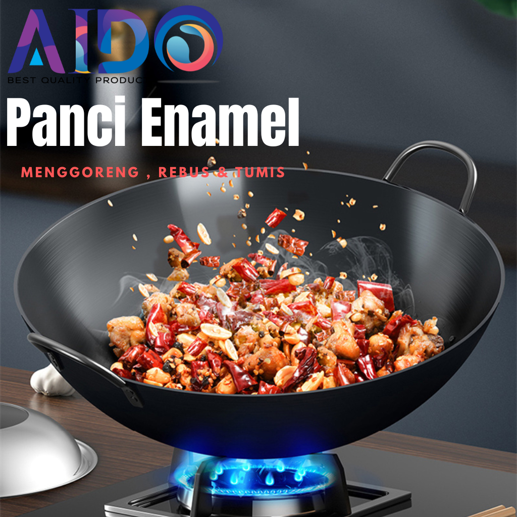 Jual Wajan kuali wok hitam Enamel Anti Lengket wajan enamel 2 kuping ...