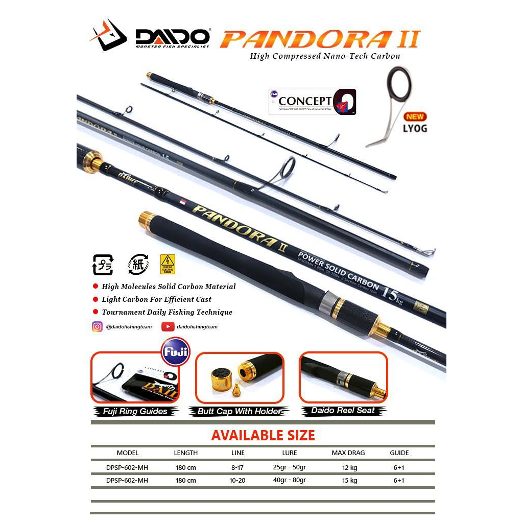 Jual Joran Spinning DAIDO Pandora II 180 FUJI Carbon Solid Kekuatan ...