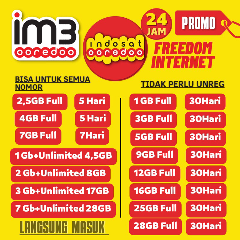 Jual PAKET DATA KUOTA INDOSAT IM3 FREEDOM UNLIMITED KUOTA FULL TANPA PEMBAGIAN MURAH | Shopee ...