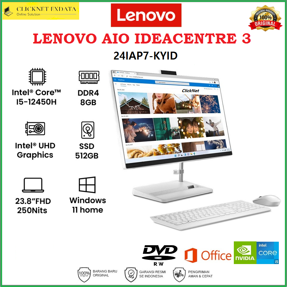 Jual Lenovo PC AIO 3 24IAP7 KYID I5-12450H 8GB 512GB SSD 23.8" FHD ...