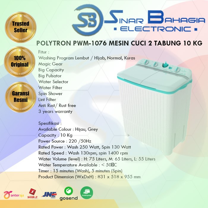 Jual POLYTRON PWM-1076 MESIN CUCI 2 TABUNG 10 KG (NEW) (KHUSUS BANDUNG ...