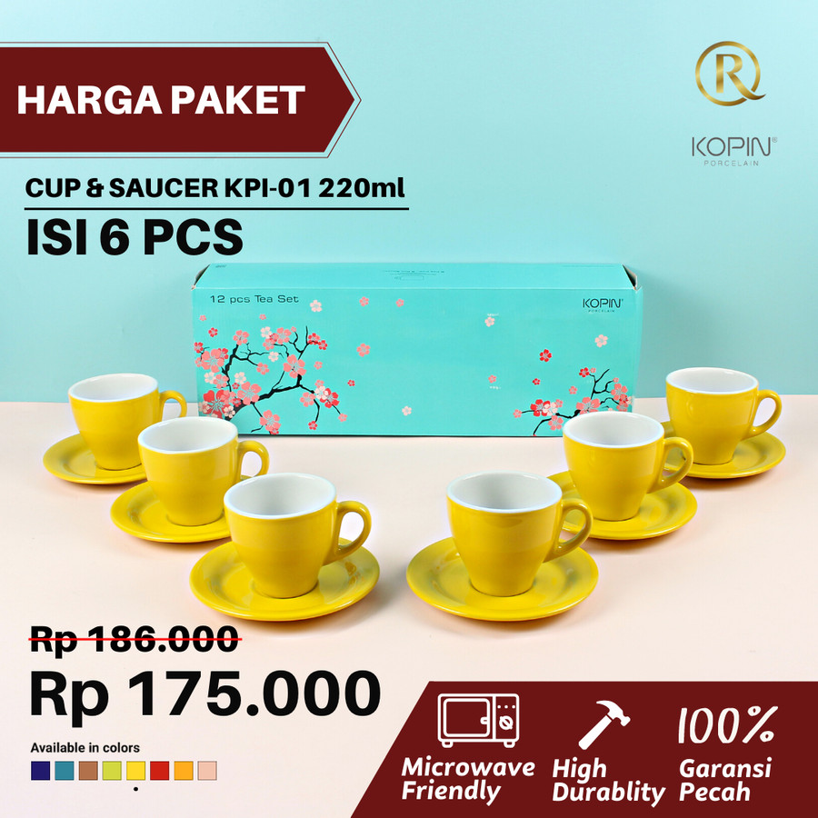 Jual 6 Sets Cup & Saucer KPI-01 Coffee Tea 2 Warna Porcelain 220ml Kopin | Shopee Indonesia