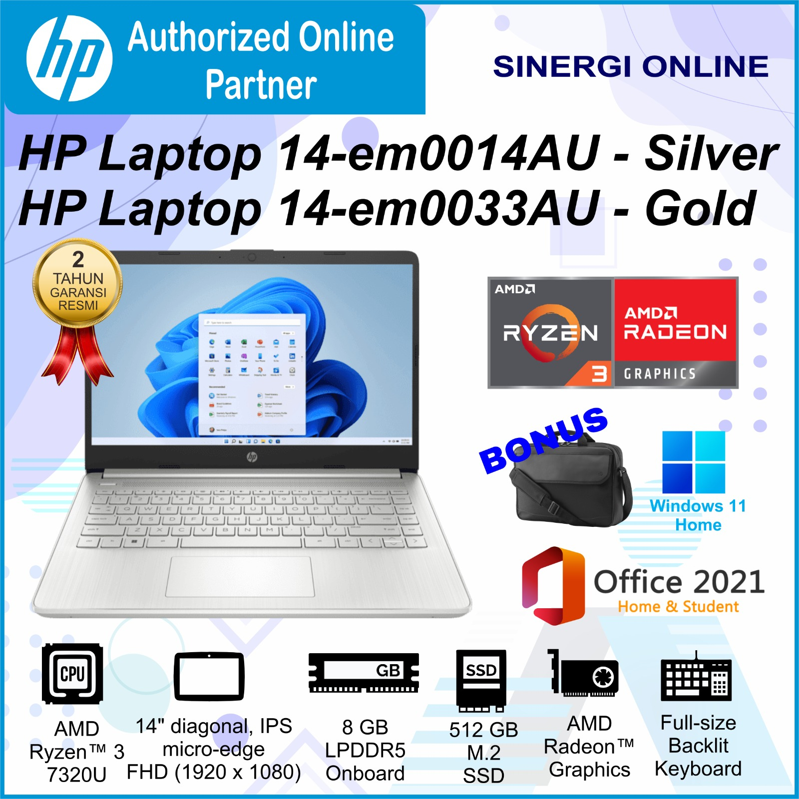 Jual Laptop HP 14-EM0014AU AMD Ryzen 3-7320U 512GB SSD 8GB Win11 ...