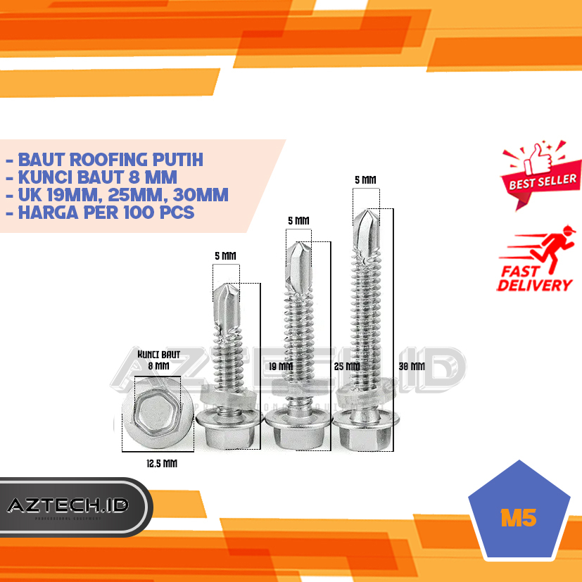 Jual Baut roofing putih 100pc body 5mm/kepala baut 8mm | Shopee Indonesia