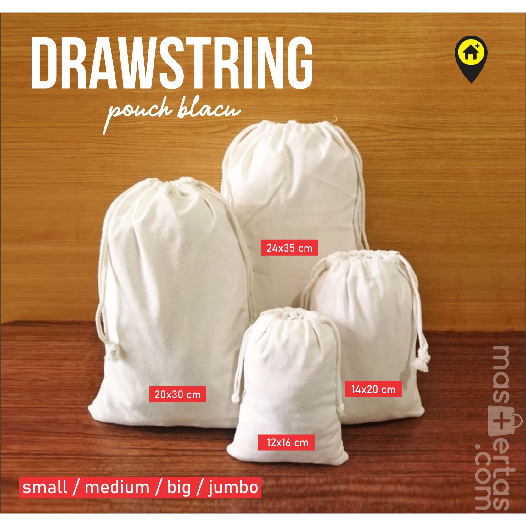 Jual Pouch Serut Tas Serut Polos Kain Blacu Murah Readystok Serbaguna ...