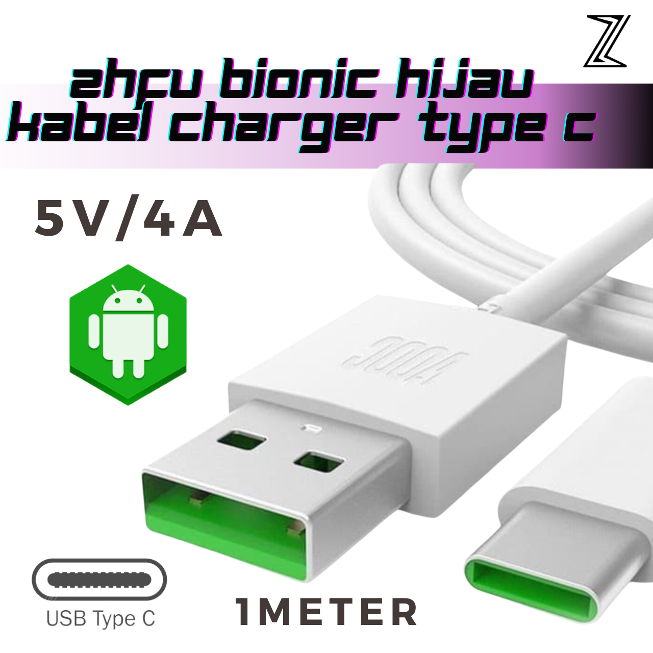 Jual Kabel Data Charger Zhfu Bionic Hijau Type C USB 4A Tipe Fast ...