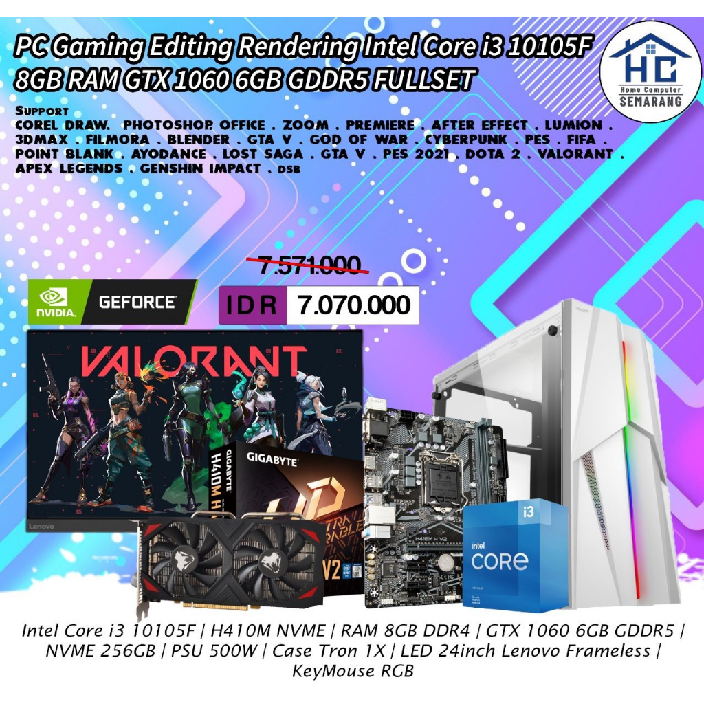 Jual Fullset PC Gaming Rendering Intel Core i3 10105F ft GTX 1060 6GB GDDR5 - 24 Inch 75Hz ...