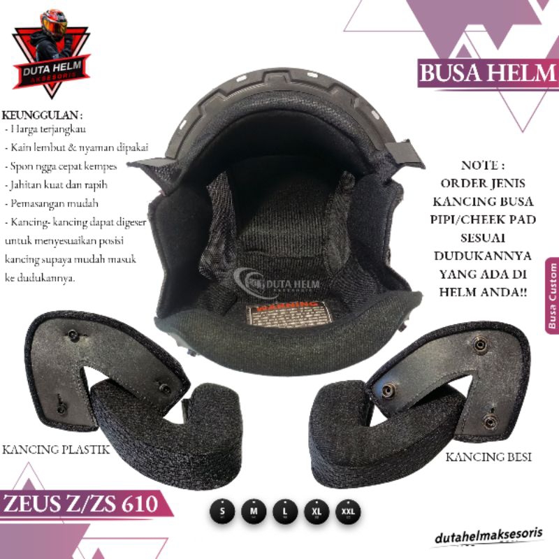 Jual Busa Helm Zeus Z/Zs 610 S M L XL XXL Fullset Pipi Cheek pad Half ...