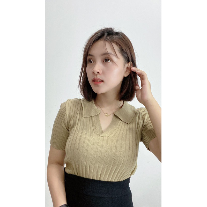 Jual Atasan Kerah polo Rajut - Vneck Crop Top Blouse - Polo Shirt Atasan Wanita | Shopee Indonesia