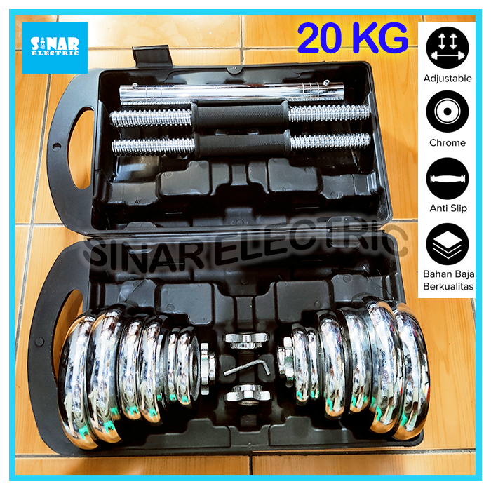 Jual Dumbbell Barbell Set 20 kg Besi Baja Chrome Koper Alat Angkat Beban | Shopee Indonesia