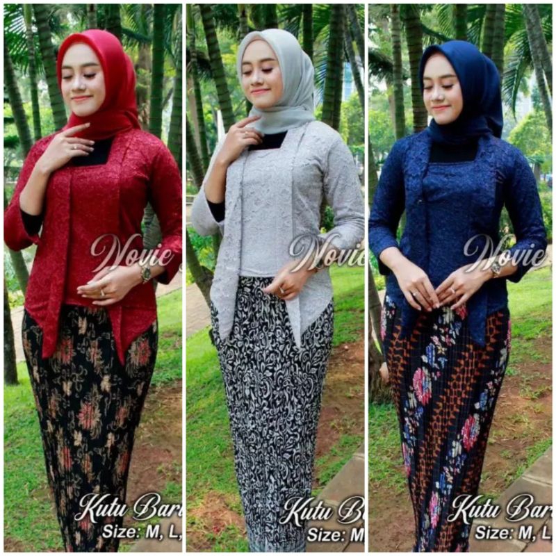 Jual Setelan Kebaya Brukat Kutu baru / Set Kebaya Modern Lengan 7/8 Mix Rok Plisket Batik ...