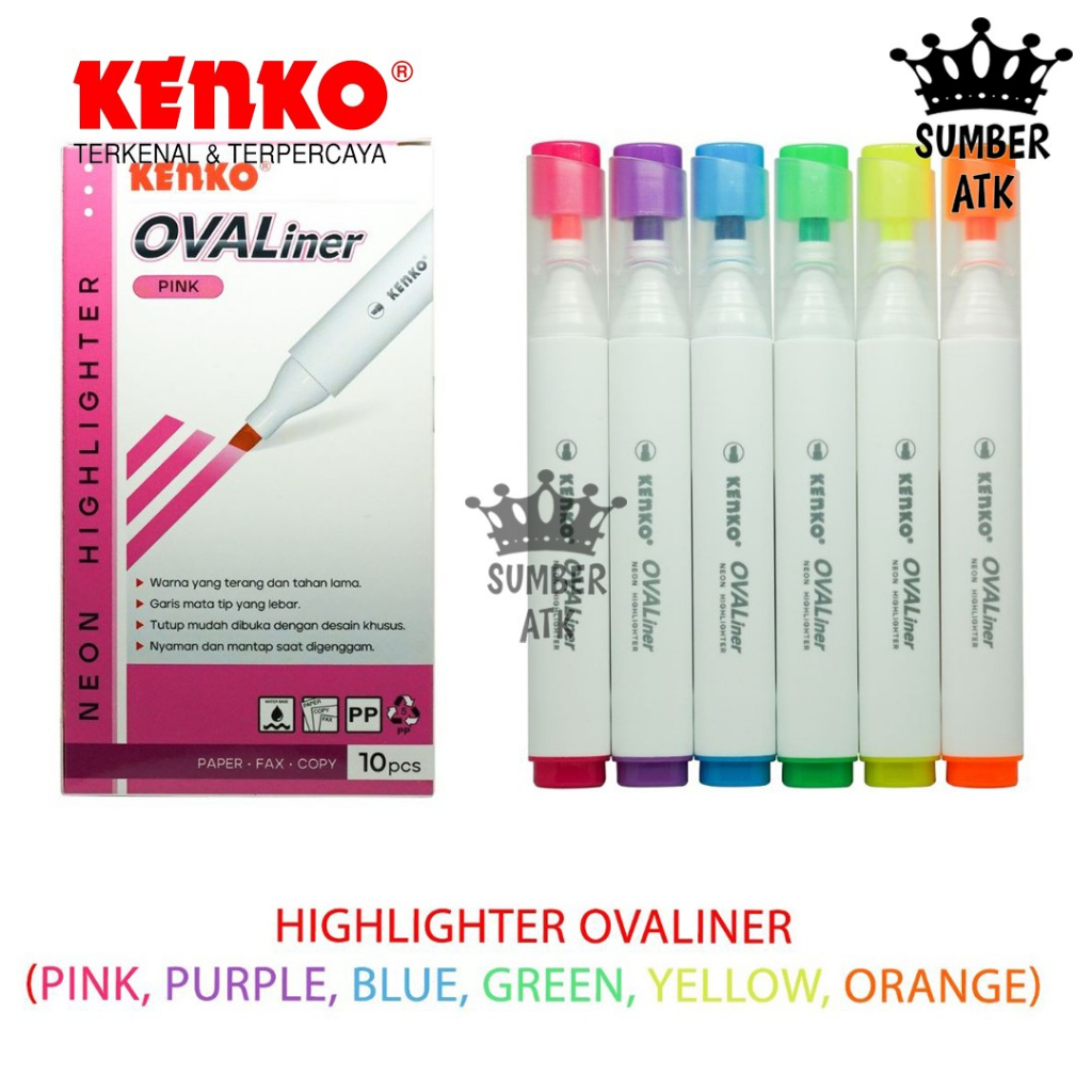 Jual KENKO Highlighter OVALINER NEON 6 WARNA TERANG PENANDA WARNA ...