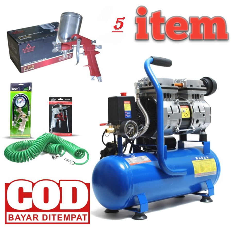 Jual PAKET LENGKAP KOMPRESOR CAT KOMPRESOR LISTRIK 1HP 9L OILLES SILENT ...