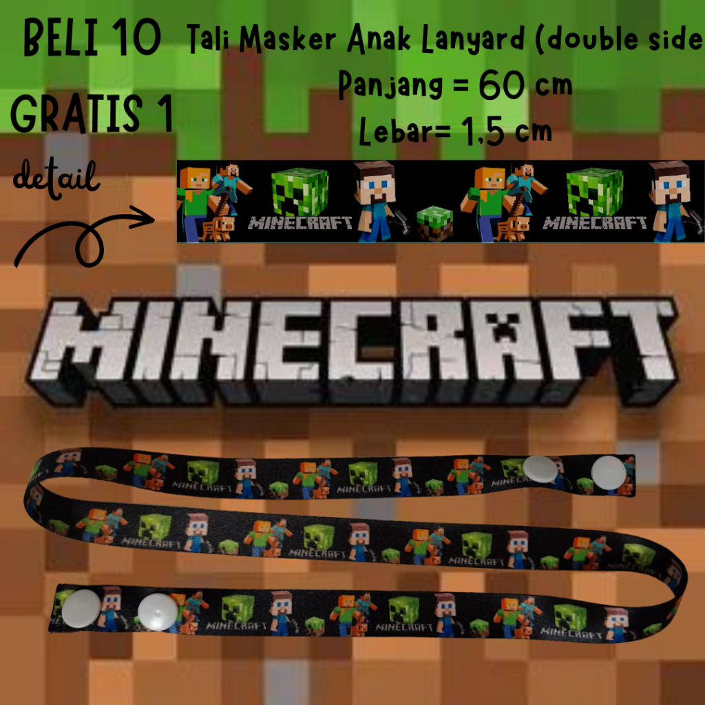 Jual Tali Masker Anak Lanyard Gambar Bolak Balik Karakter Minecraft ...
