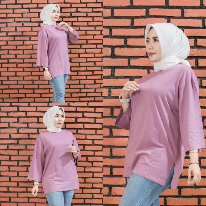Jual ATASAN KAOS POLOS WANITA OVERSIZE BLUS JUMBO LENGAN 7/8 / KAOS ...