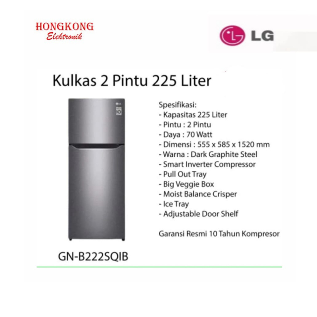 Jual LG Kulkas 2 Pintu 225L GN-B222SQIB Smart Inverter / GN 222SQIB | Shopee Indonesia