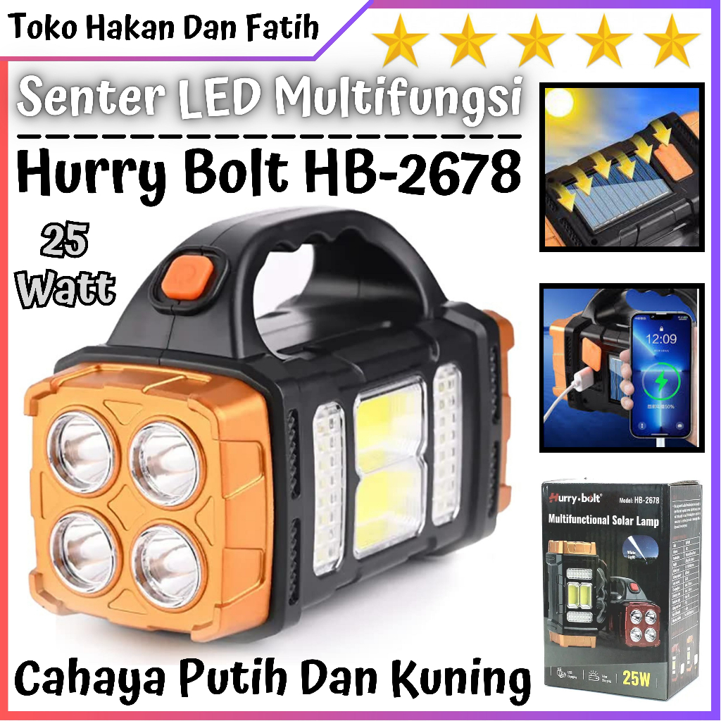 Jual Senter LED Super Terang Tenaga Surya/Pengisian Daya USB Hurry Bolt HB-2678 | Senter ...