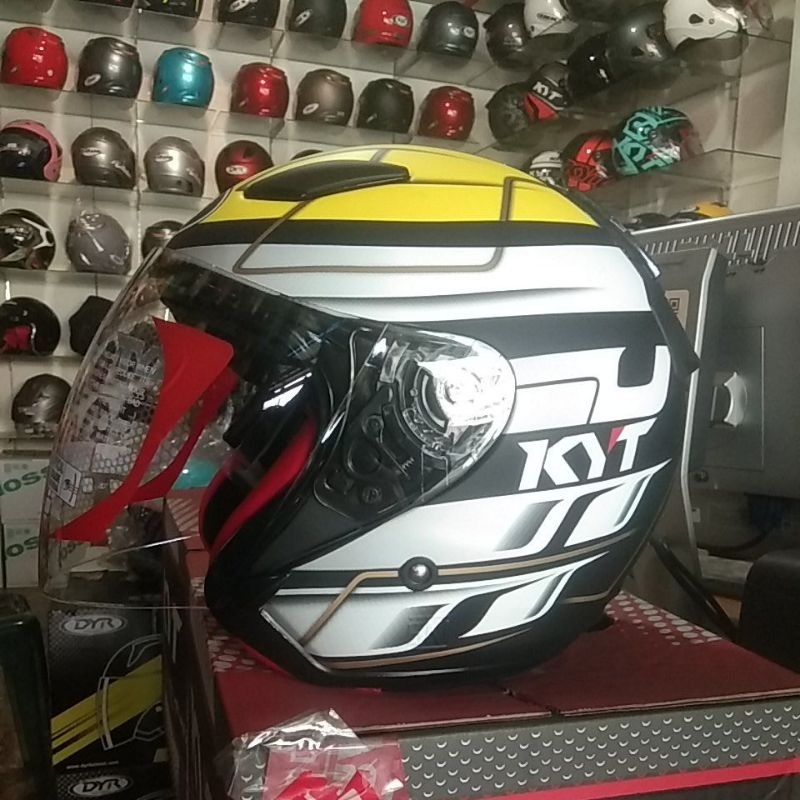 Jual Helm KYT DJ MARU Motif 13 Black Matt Yellow Half Face ORIGINAL | Shopee Indonesia