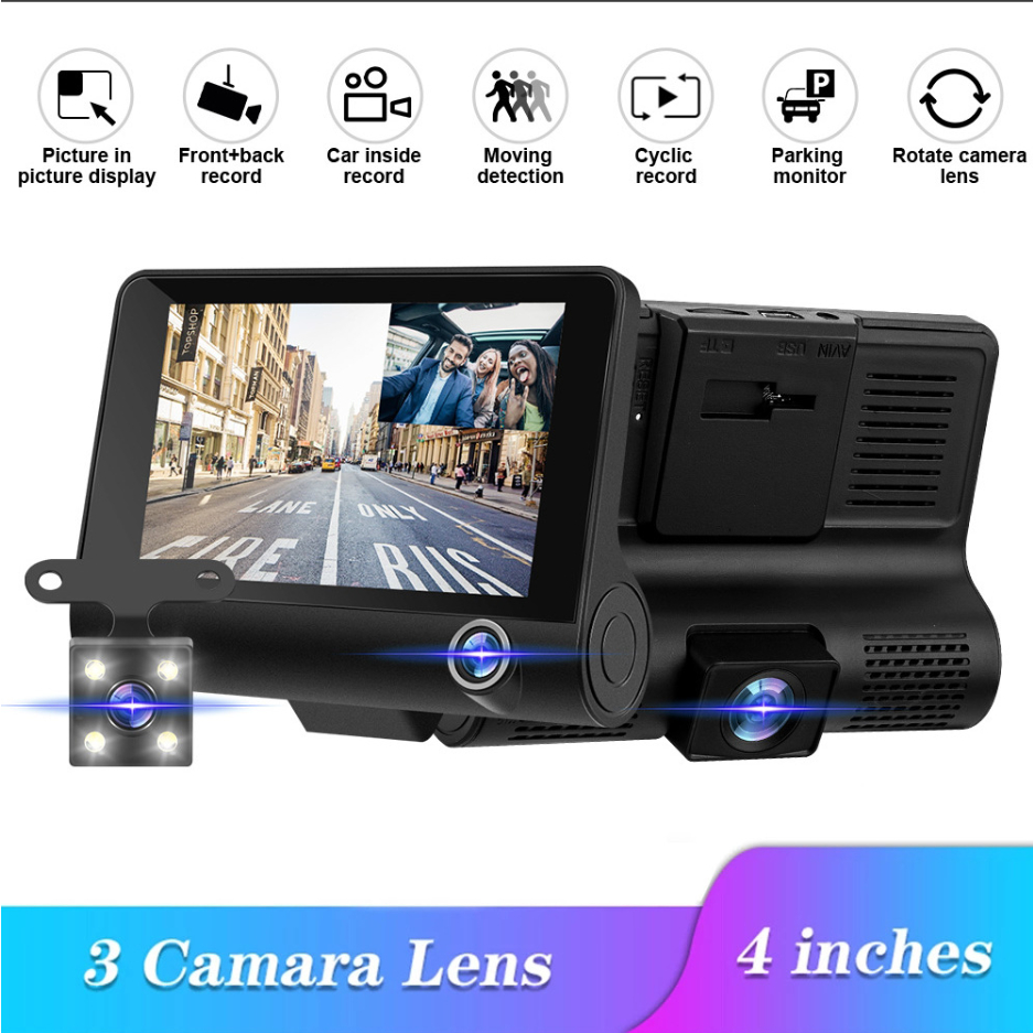 Jual Dash Cam Mobil 4.0 Inch 3 Cameras 1080P HD Front Rear inside 170 ...