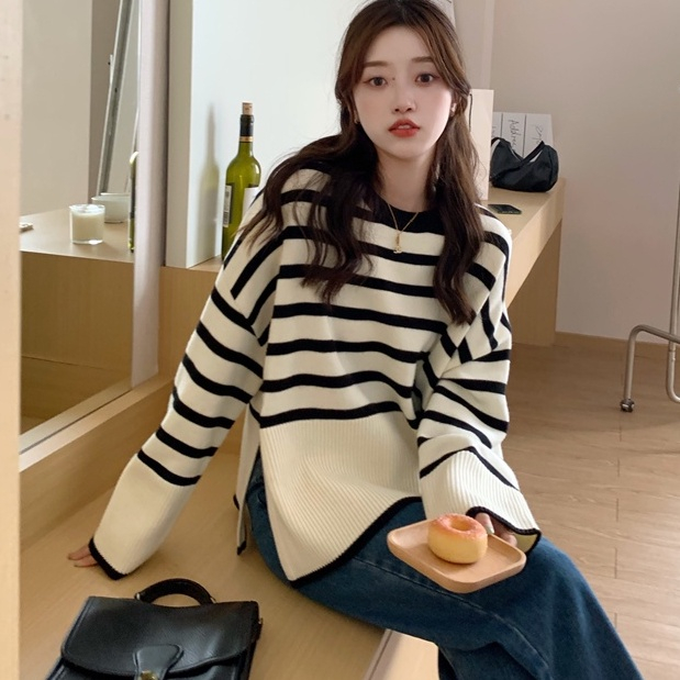 Jual SWEATER RAJUT WANITA HARU KNIT OVERSIZE/ATASAN RAJUT WANITA STRIP GARIS TERBARU | Shopee ...