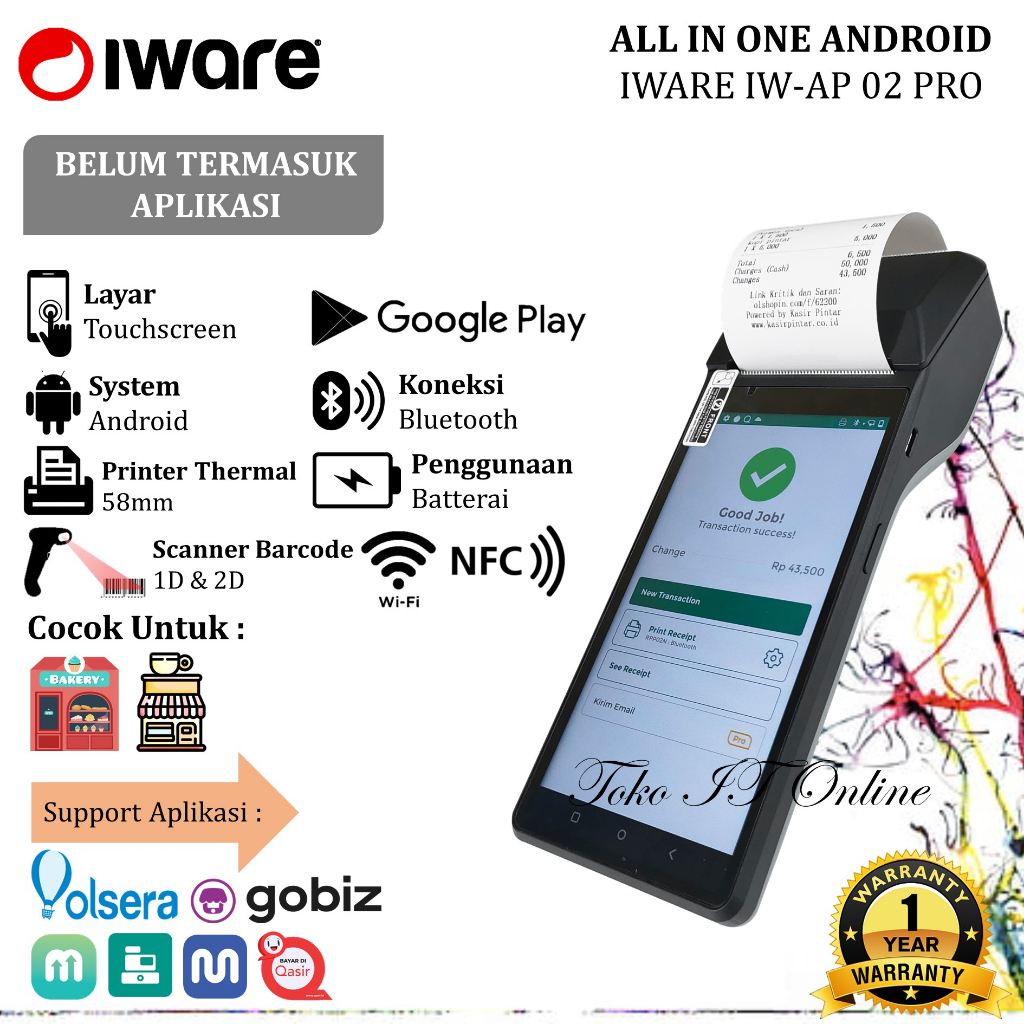 Jual Mesin Kasir Android Portable Iware AP-02 AP 02 AP02 Pro 4G NFC Wifi Bluetooth 58mm All in ...