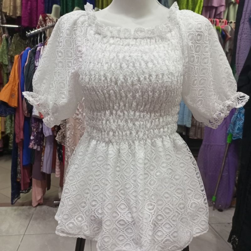 Jual BLOUSE SABRINA FULL BROKAT KHUSUS WARNA PUTIH LENGAN KARET BAHU ...