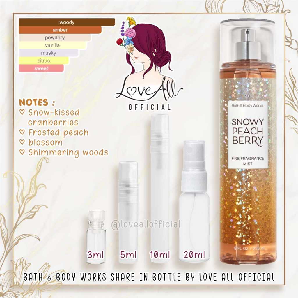 Jual Snowy Peach Berry Bath and Body Works Body Mist share in bottle ...