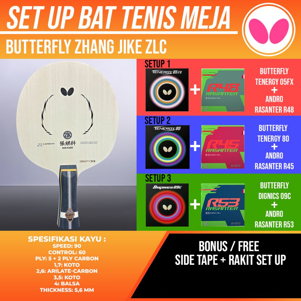 Jual Paket Bat Pingpong Rakitan Butterfly Zhang Jike ZLC Andro Rasanter | Shopee Indonesia