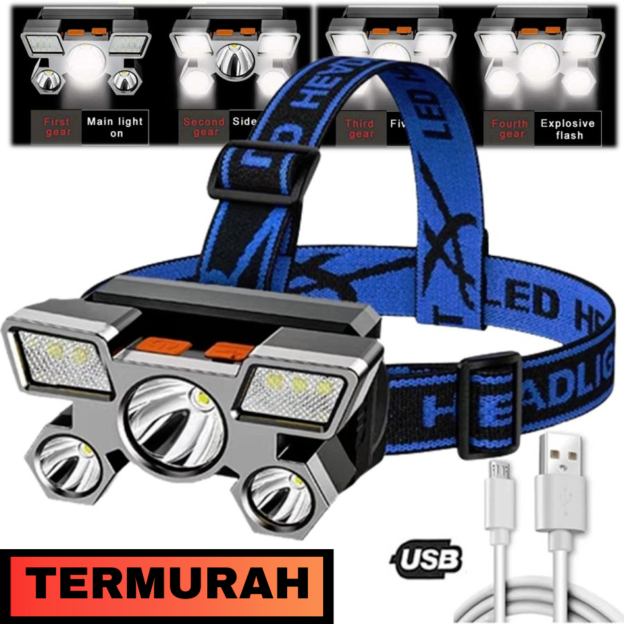 Jual Lampu Senter Kepala 5 LED Super Terang USB Rechargeable TERMURAH | Shopee Indonesia